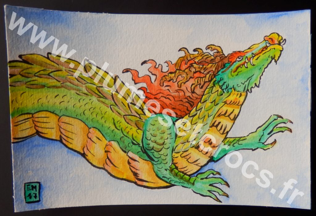 Aquarelle originale Tian Long 10x15 cm - Plumes & Crocs